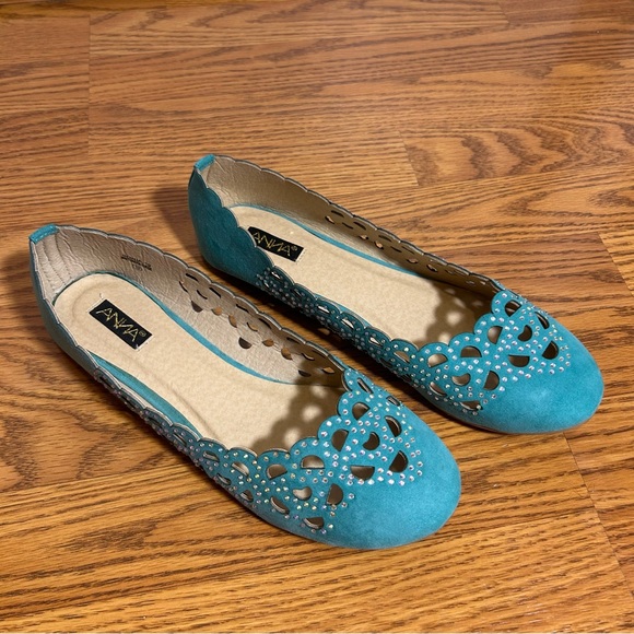 Anna | Shoes | Anna Teal Rhinestone Cutout Detail Flats | Poshmark